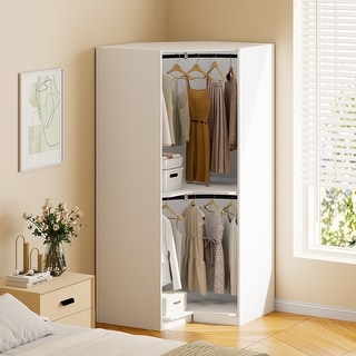 Polygon Corner Wardrobe Closet Cabinet with Shelves & 2 Hanging Rods ...