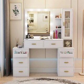 PAKASEPT Makeup Vanity Desk with Mirror and 3-Color Lights with ...