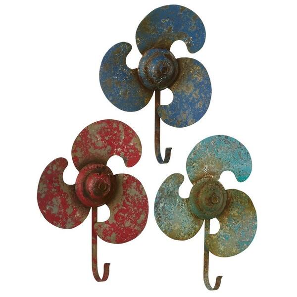 Propeller Shaped Single Wall Hooks Set of 3 Red Blue Teal Rustic Finish ...