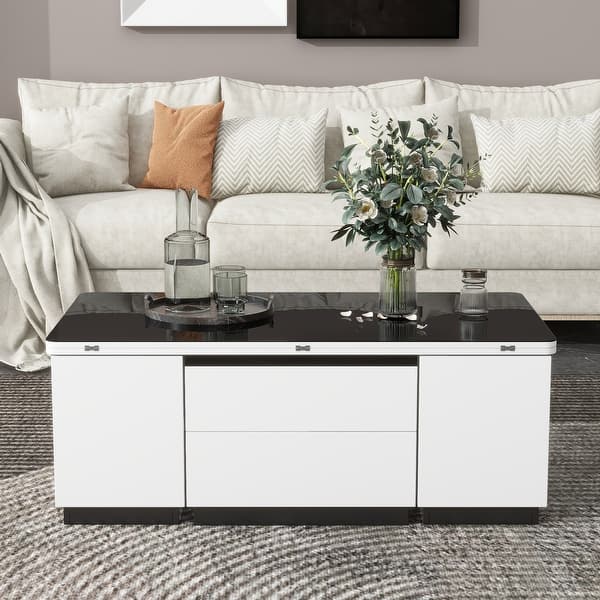 Modern White Lift Top Glass Coffee Table with Drawers & Storage ...
