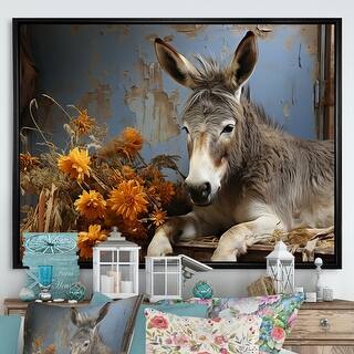 Designart "Farmhouse Donkeys Flower Charm I" Donkey Grey Wall Decor ...