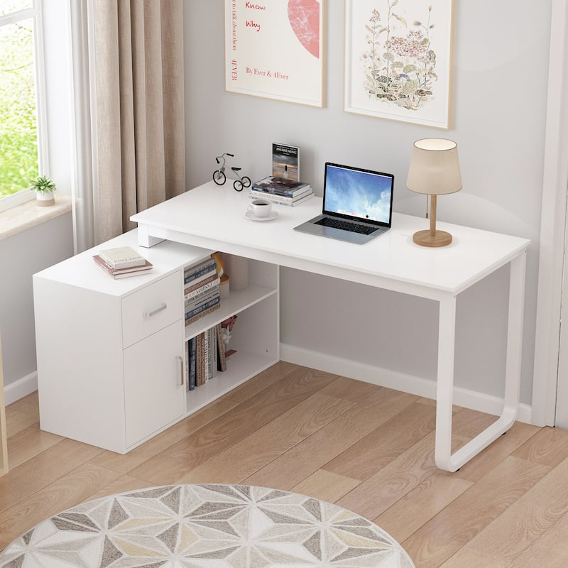 White Reversible L Shape Desk Rotating Desk Working Desk Computer - On ...