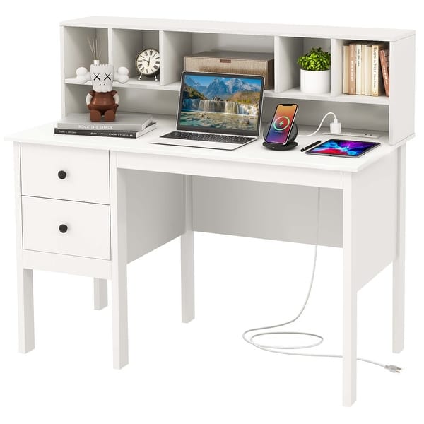 Costway Computer Desk 48" Writing Table w/ Power Outlets 5-Cubby Hutch ...
