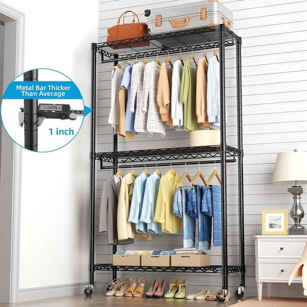 Heavy Duty Rolling Clothes Rack with 3-Tier Adjustable Wire Rack and ...
