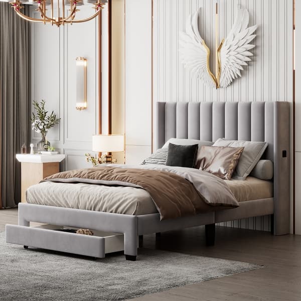 Elegant Velvet Upholstered Platform Bed With A Big Drawer Wood Storage