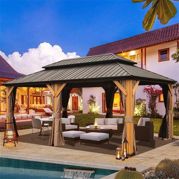 12'x20' Outdoor Wood Frame Hardtop Gazebo,Galvanized Steel Double Roof ...