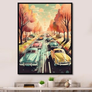 Designart "Green And Red Retro Roadsters" Retro Car Framed Wall Decor ...