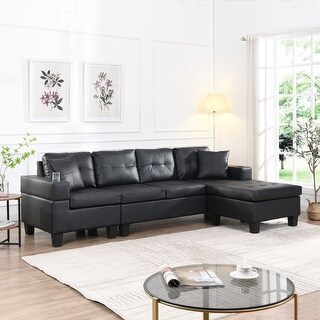 Black PU Sofa Set L-shape Couch with Convertible Recliner & Cupholder ...