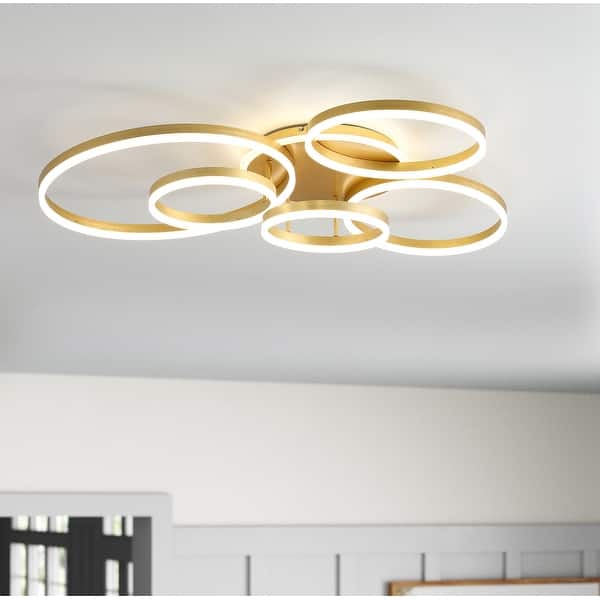 Modern Brushed Gold 5 Metal Rings LED Ceiling Light Fixture - Bed Bath ...
