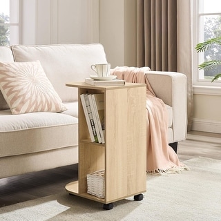 Portable Rolling Side Table with Storage Shelf, Modern Oak Design for ...