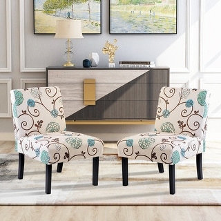 Upholstered Accent Arm Less Living Room Chair Set of 2 Beige Floral ...