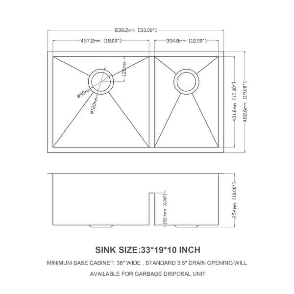 33 Inch Undermount Double Bowl Kitchen Sink - 33-in L x 19-in W x 10-in ...