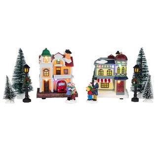10-Piece LED Lighted Buildings and Trees Christmas Village Display Set ...