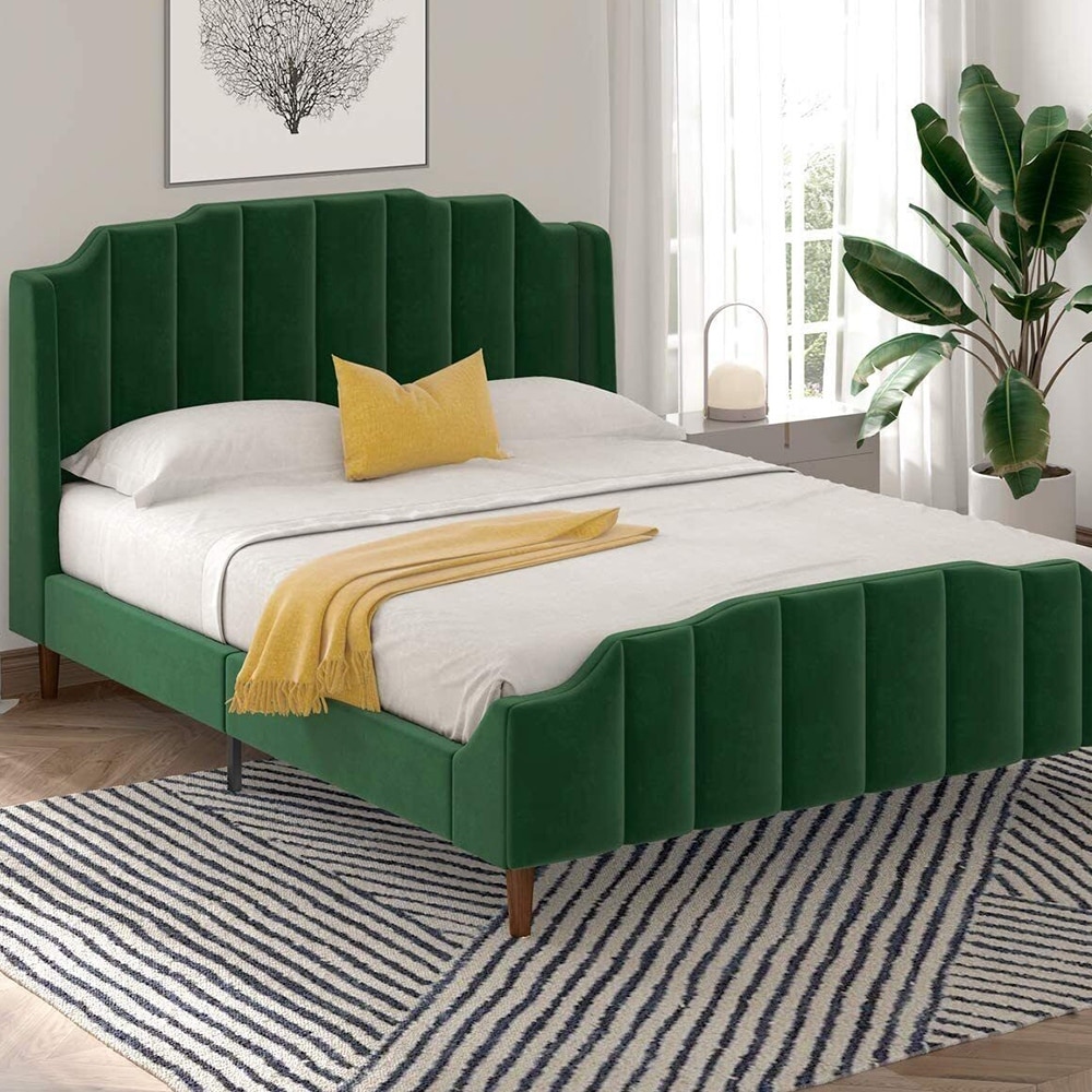 Queen Size Bed Frame with Modern Curved Wingback Headboard, Teal Blue ...