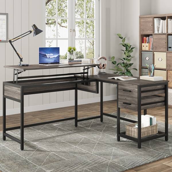 59 Inch L Shaped Desk with Lift Top, Height Adjustable Standing Desk ...