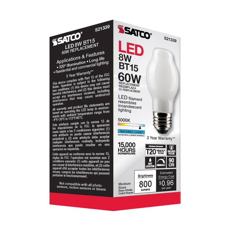 8 Watt BT15 LED - White - Medium base - 90 CRI - 5000K - 120 Volt - Bed ...