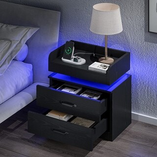 Black Nightstand with Charging Station, Night Stand with LED Lights ...