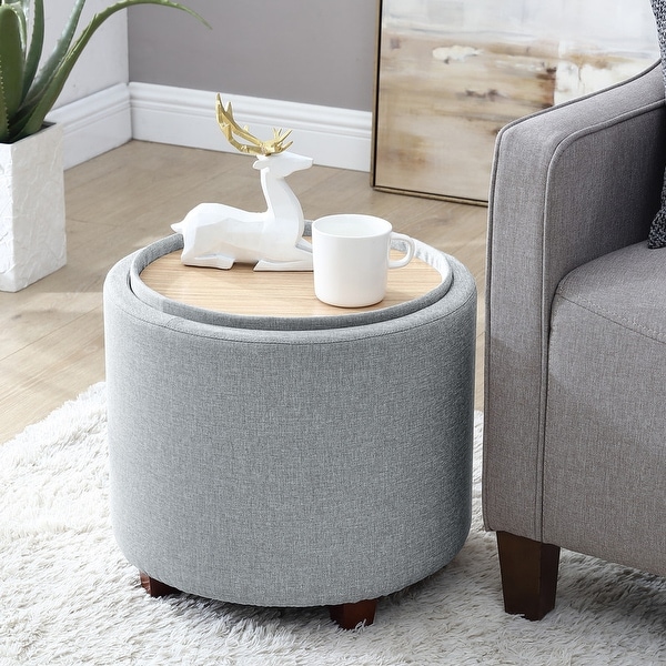 Ornavo Home Lawrence Round Storage Ottoman with Lift Off Lid and Tray Lid Coffee Table