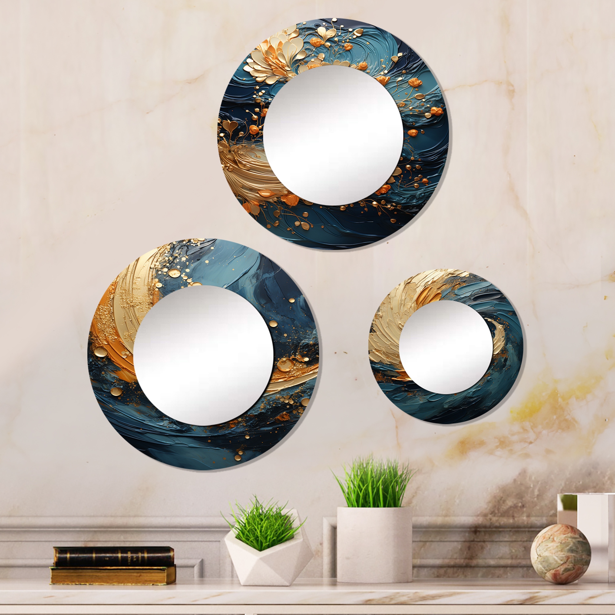 Designart Emerald And Golden Arches Abstract Shapes Mirror Set Of 3 Modern Mirror Set Wall Decor 46 in. wide x 46 in. high Bed Bath Beyond 40656228