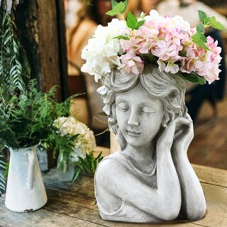 Grey MgO Lady Head Bust Planter - 14.75" H x 11.02" W x 9.45" D - Bed ...