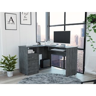 L-Shaped Computer Desk with Pull Out Keyboard Panel Workstation Desks ...