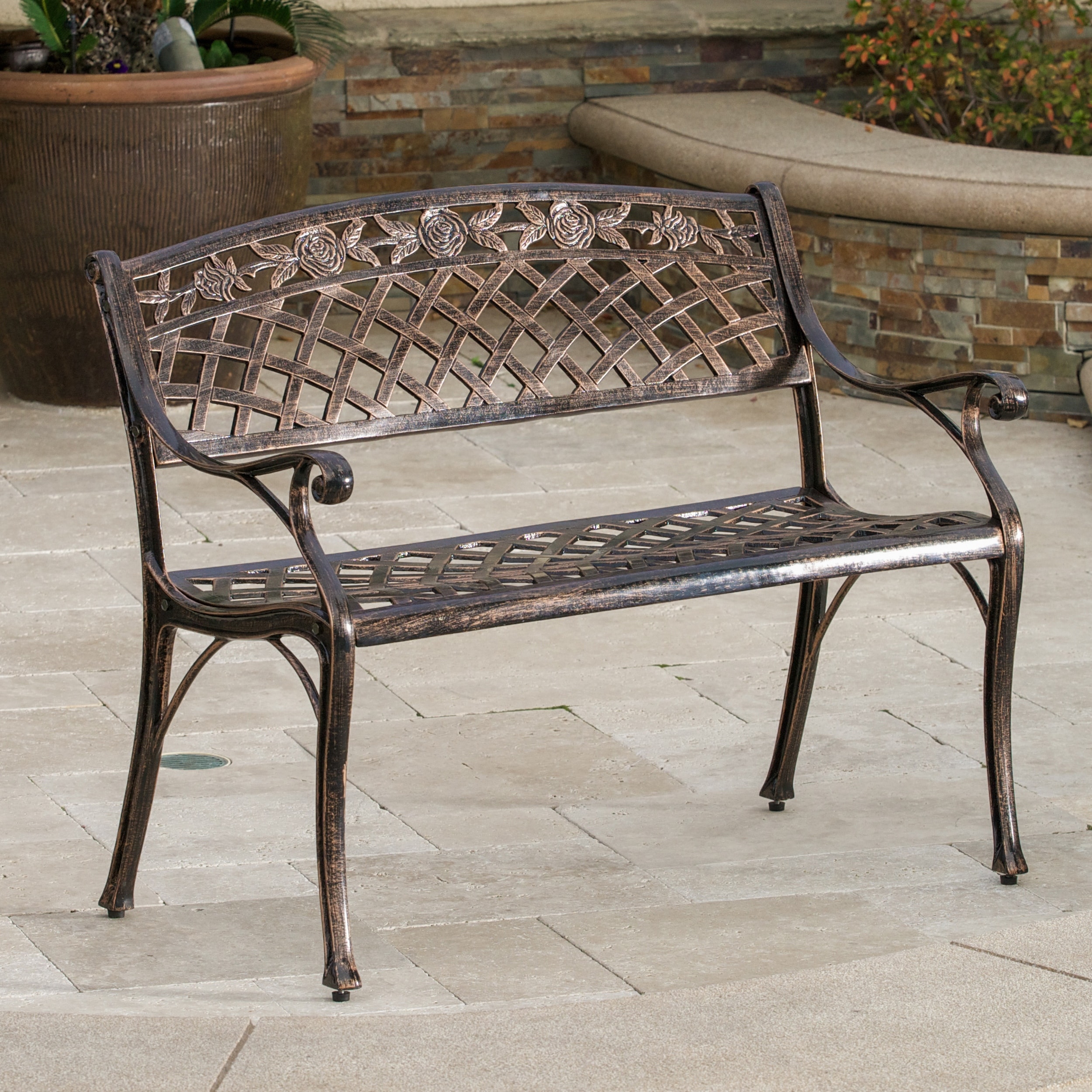 Charming Aluminum Outdoor Bench Casual Bench with Backrest Copper Entryway Bench Patio Bench for Backyard Terrace Bed Bath Beyond 41293581
