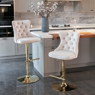 2-Piece Golden Swivel Velvet Barstools Adjusatble Seat, Upholstered Bar ...
