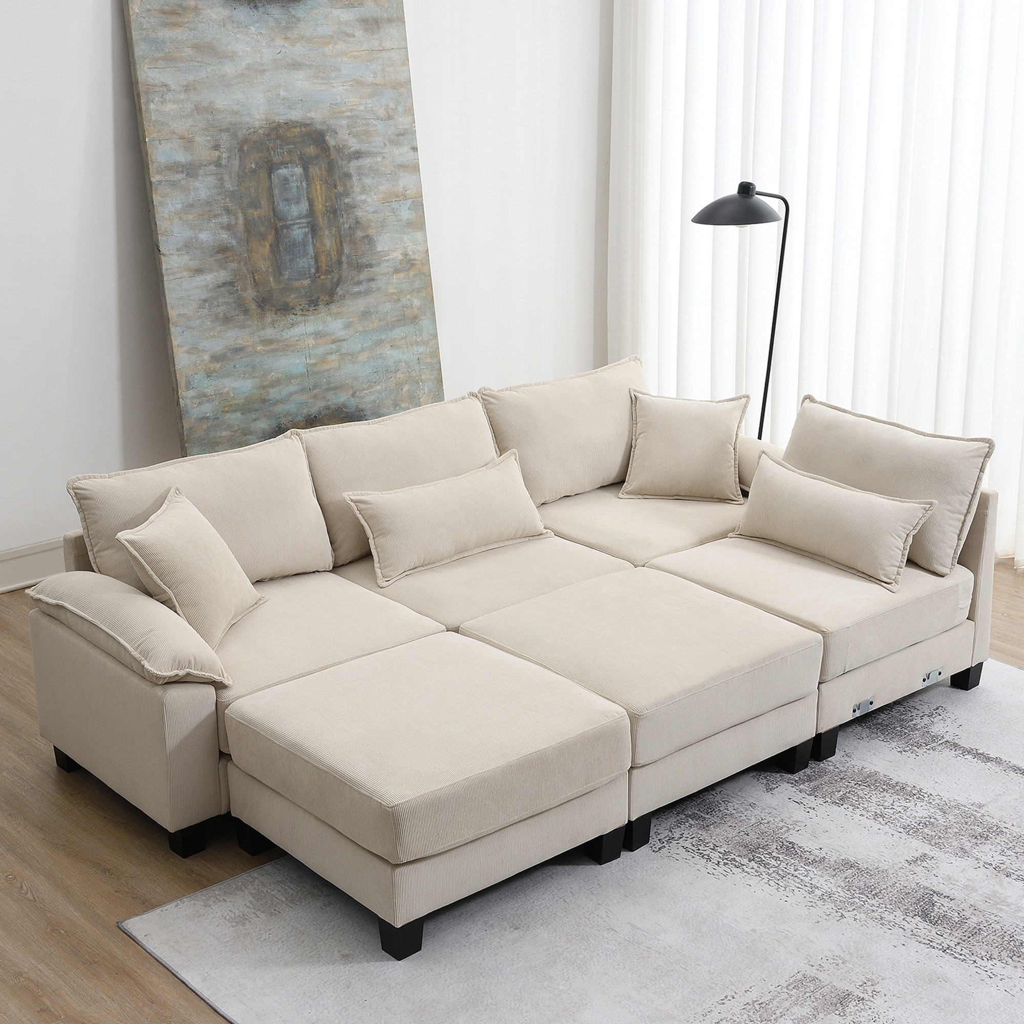 Modular U Shaped Sectional Sofa Couch Corduroy Upholstered 6 Seater Sofa Bed with Ottoman and Armrest Pillow