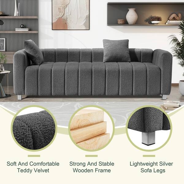Vertical Tufted Channel Backrest Couch Teddy Velvet Sofa w/ Pillows ...