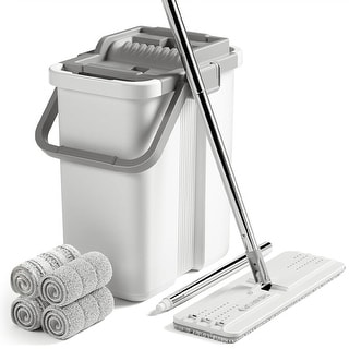 Flat Squeeze Mop and Bucket with Wringer Set with Long Handle, 4PCS ...
