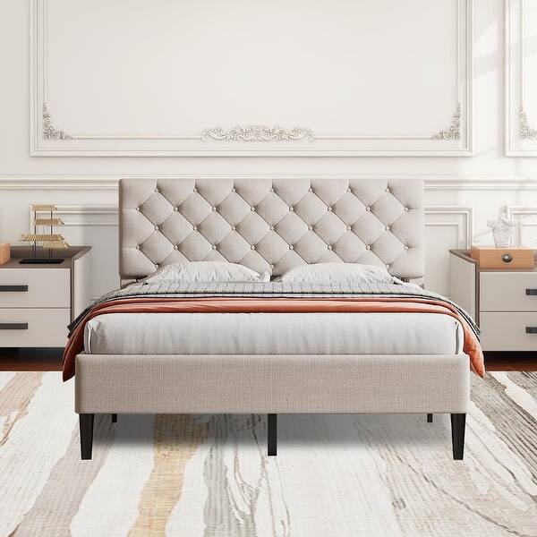 Full Size Upholstered Linen Platform Bed Frame with Button Tufted ...