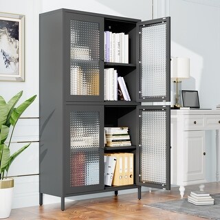 Freestanding Metal Storage Cabinet Bookcase with Waffle Grids Tempered ...