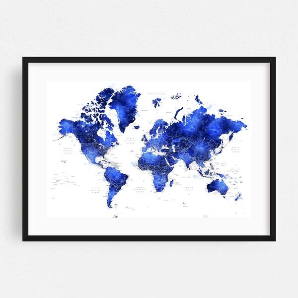 Cobalt blue watercolor detailed world map Maps Art Print/Poster - Bed ...