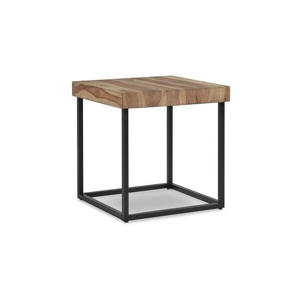 24 Inch Square Side End Table, Natural Brown Wood Top, Black Metal Base ...