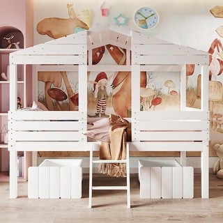 Nordic Twin Size Creative Low Loft Bed w/ 2 Drawers Wood House Storage ...