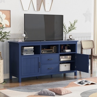 Navy Blue TV Stand with Two Three-Layer Storage Cabinets and There Two ...