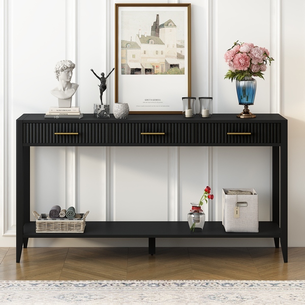 60 Black Console Table w 3 Drawers Narrow Wood Accent Sofa Table Entryway Table with Storage Shelf for Hallway Living Room Bed Bath Beyond 42001114