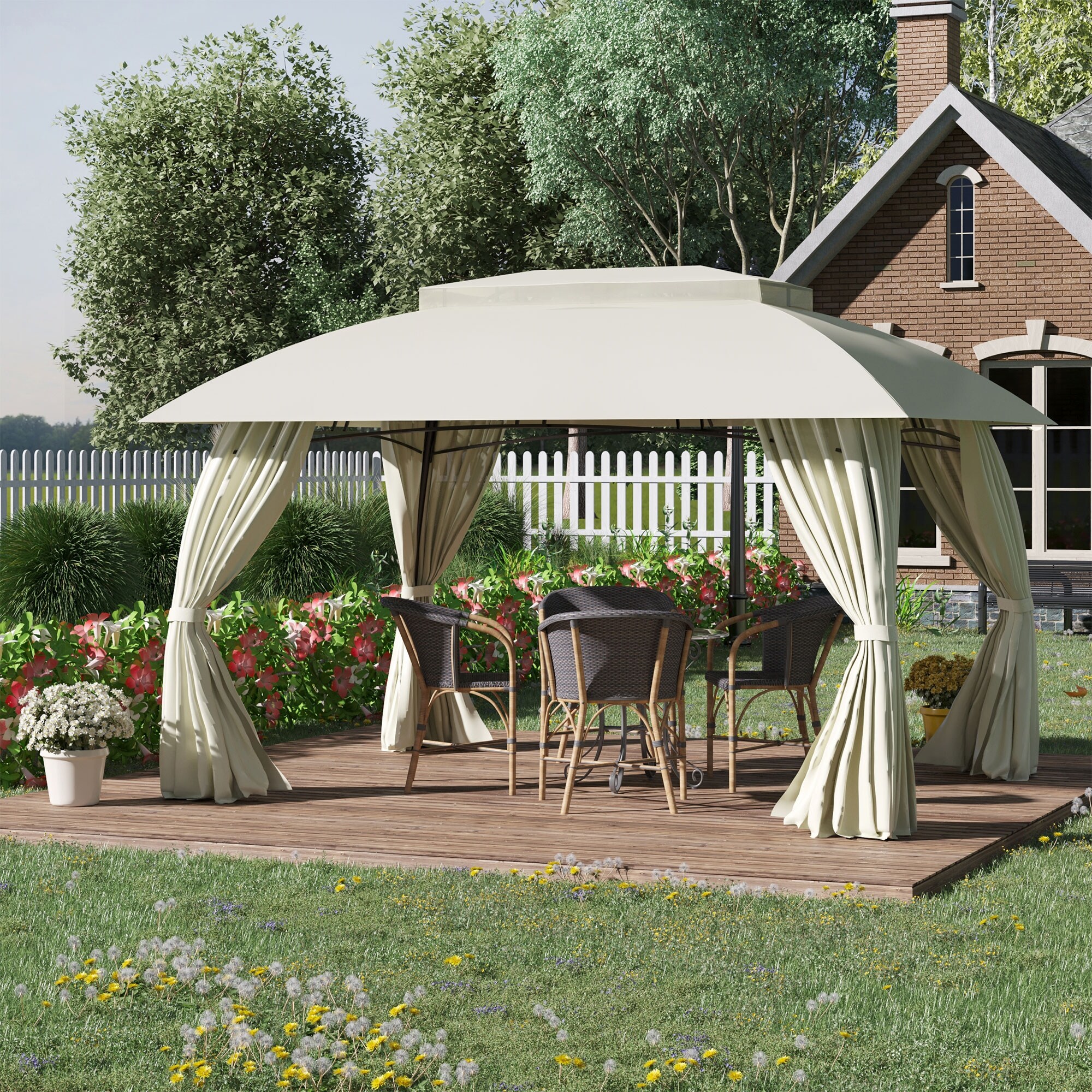 12x20ft Hardtop Gazebo Galvanized Steel Gable Roof Pergola with Wood ...