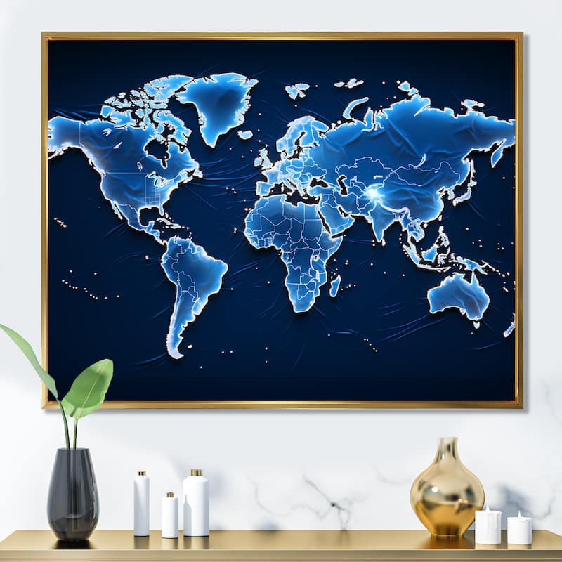 Designart "Majestic Meridians Blue World Map" World Map Framed Wall Art ...