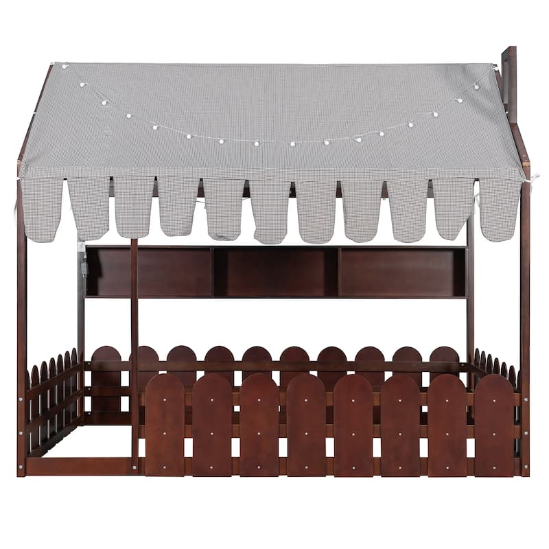 Roomfitters Full Wood Montessori House Bed, Fabric Tent & String Lights ...