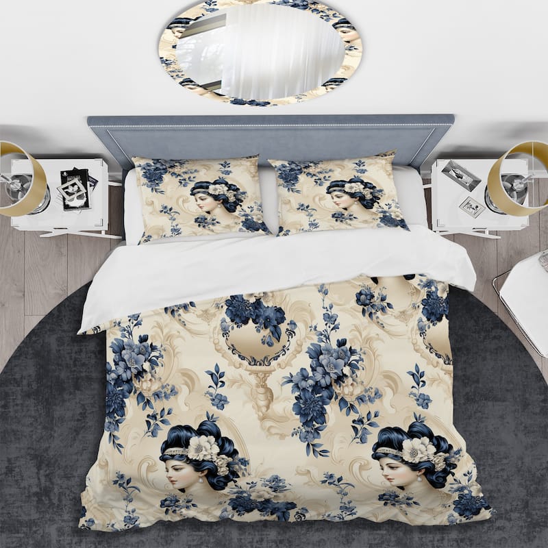 Designart "Blue Beige Victorian Cameo Portraits" Cottage Bedding Set ...