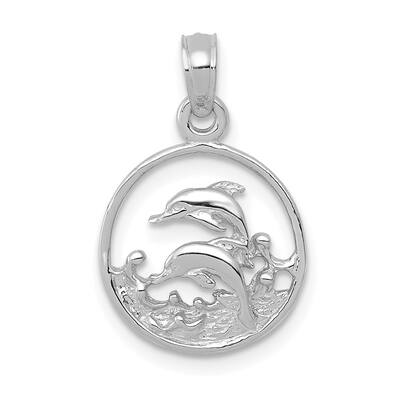 14K White Gold Double Dolphin Circle Pendant - Overstock - 33468862