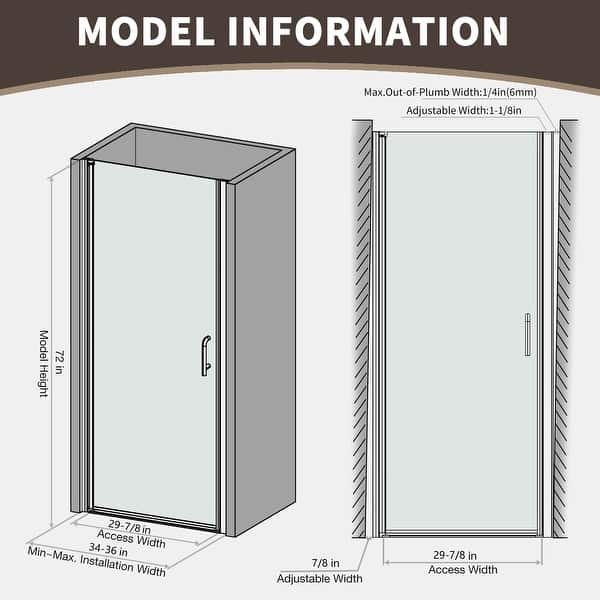 34-36 x72" Semi-Frameless Pivot Shower Door, 1/4" Clear Glass ...