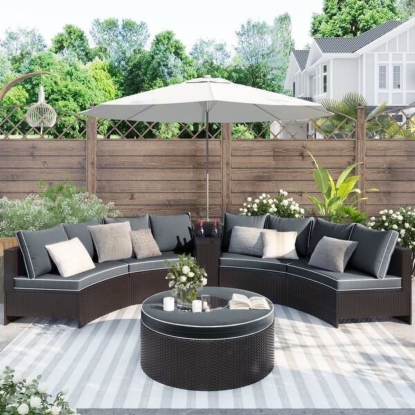 6-Pieces Patio Outdoor Half Round Rattan Sectional Sofa, PE Wicker ...