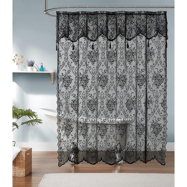 WARM HOME DESIGNS Lace Shower Curtain with Attached Valance & 7 Tassels ...