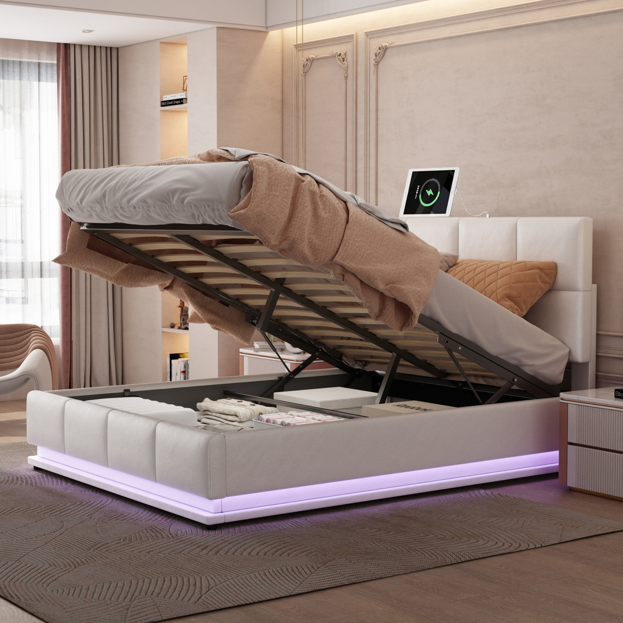 Queen Size PU Storage Bed with LED Lights and USB charger - Bed Bath ...