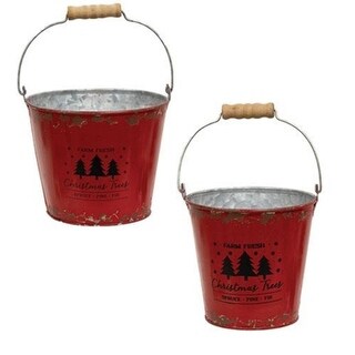 Set of 2 Farm Fresh Christmas Trees Distressed Red Metal Buckets with ...