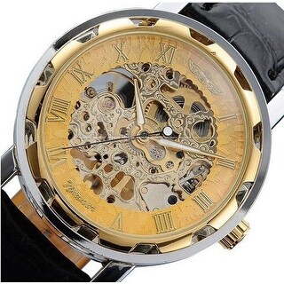 Men's Black Leather Gold Dial Skeleton Mechanical Sport Wrist Watch ...
