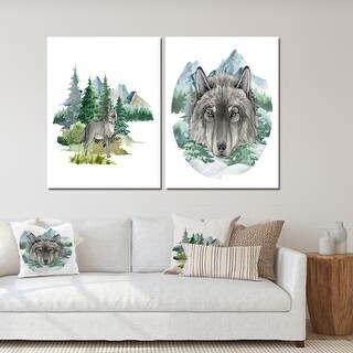 Designart 'Wolf In Forest Landscape' Country Art Set of 2 Pieces - Bed ...