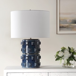 Strick & Bolton Blue Ceramic Table Lamp with Textured Design and Linen ...